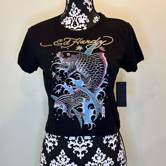 Ed Hardy | Tops | Nwt Edhardy Black Koi Fish Gold Signaturelogo Cropped ...